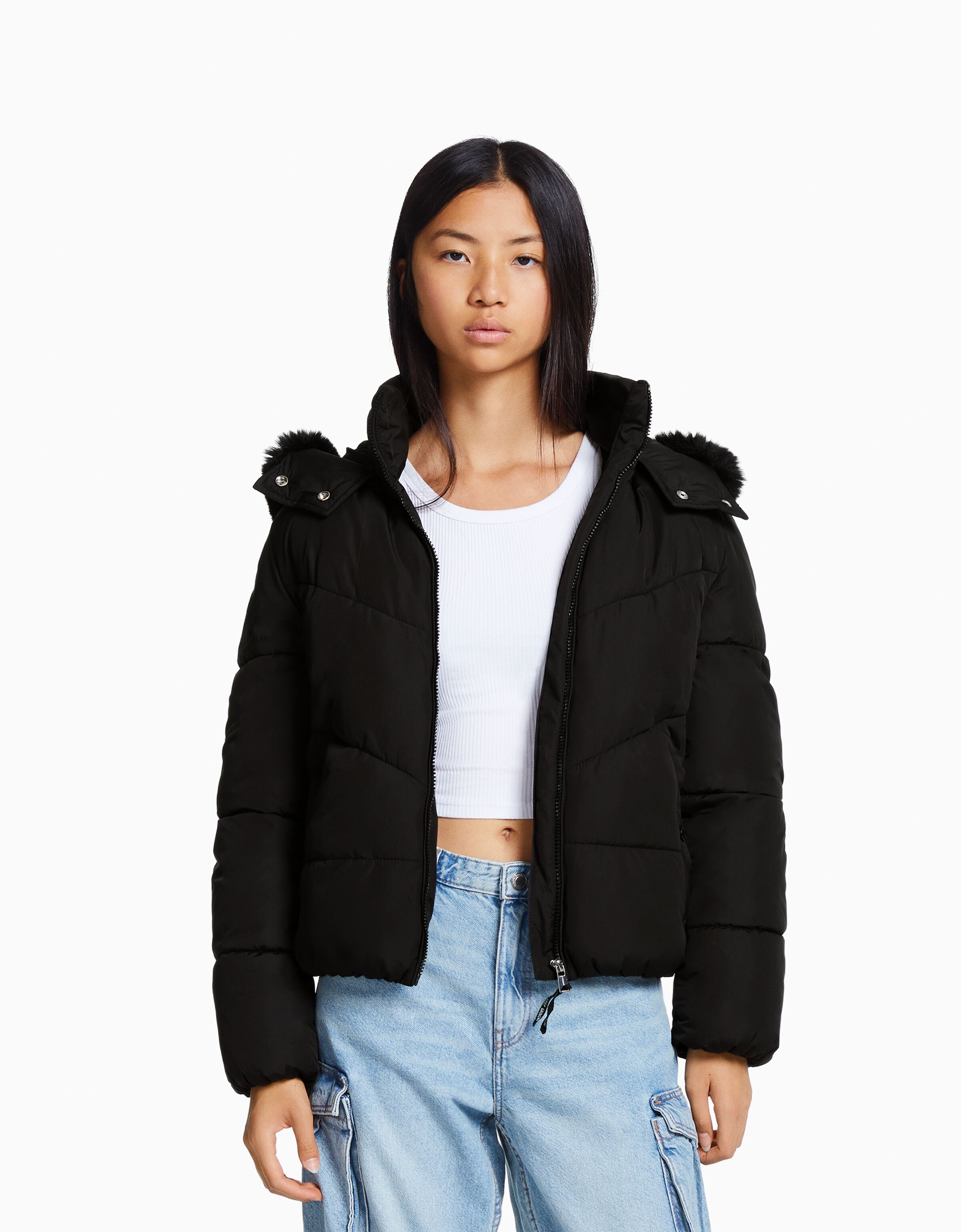 Bershka faux fur jacket with hood top
