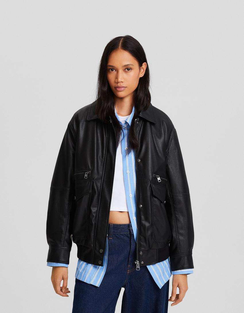Leather effect oversize dad fit jacket - Women | Bershka