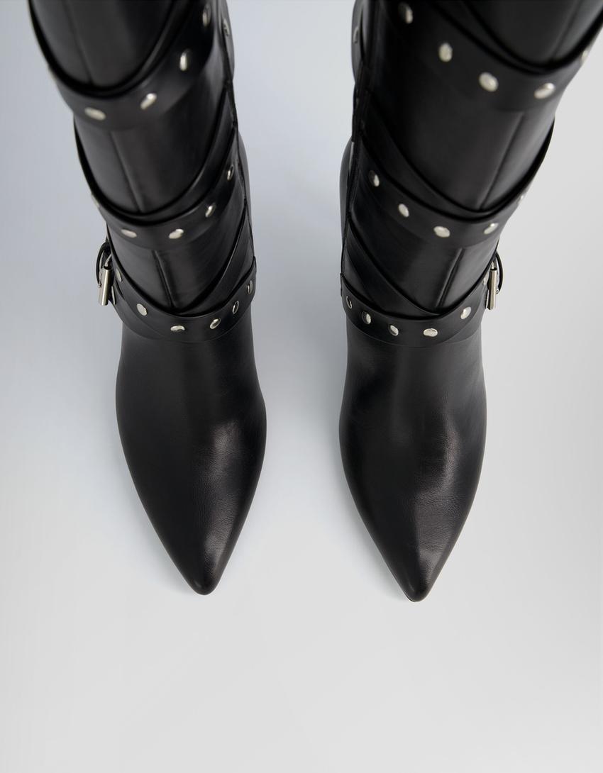 High-heel boots with studded and buckled straps - Women | Bershka