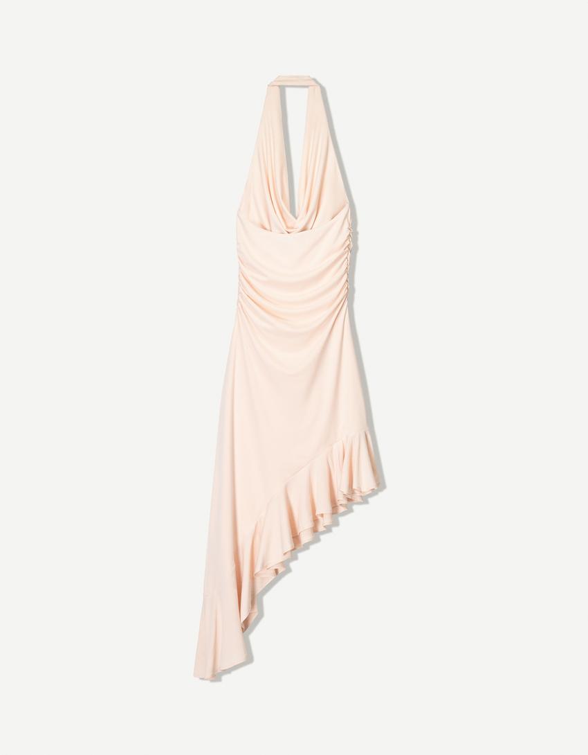 Midi Dress With Asymmetric Ruffled Hem Women Bershka