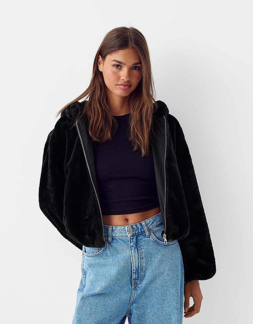 Fuzzy jacket with hood - Women | Bershka