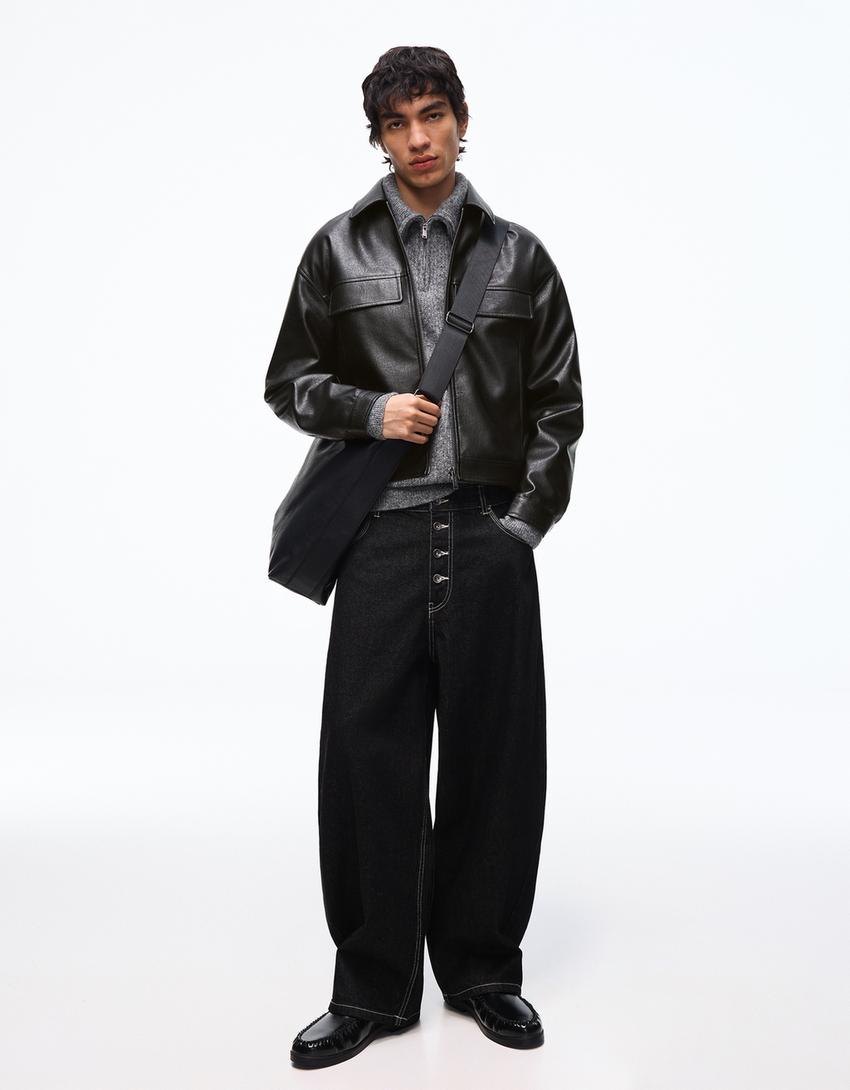 Boxy leather effect jacket - Men | Bershka