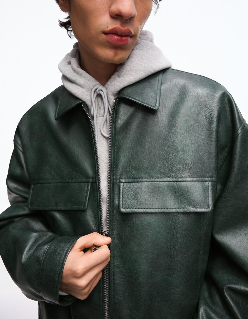 Boxy leather effect jacket - Men | Bershka
