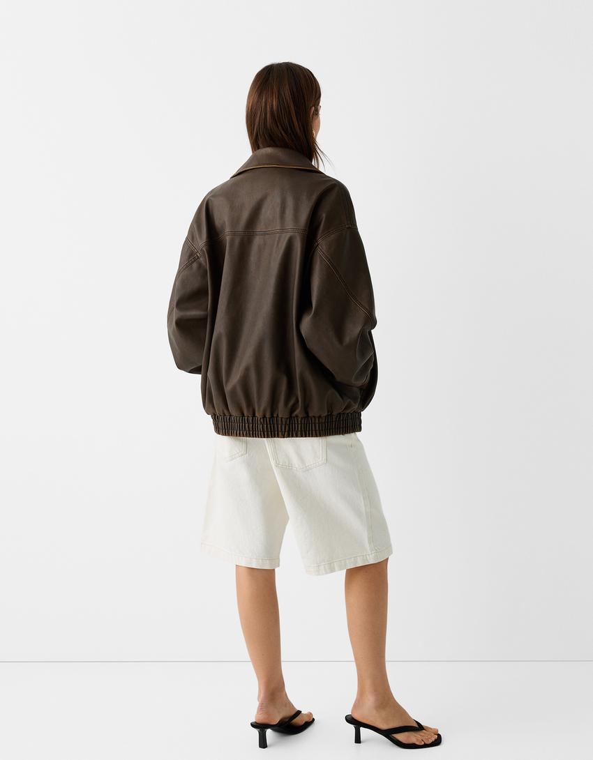 Distressed leather effect oversize dad fit jacket - Women | Bershka