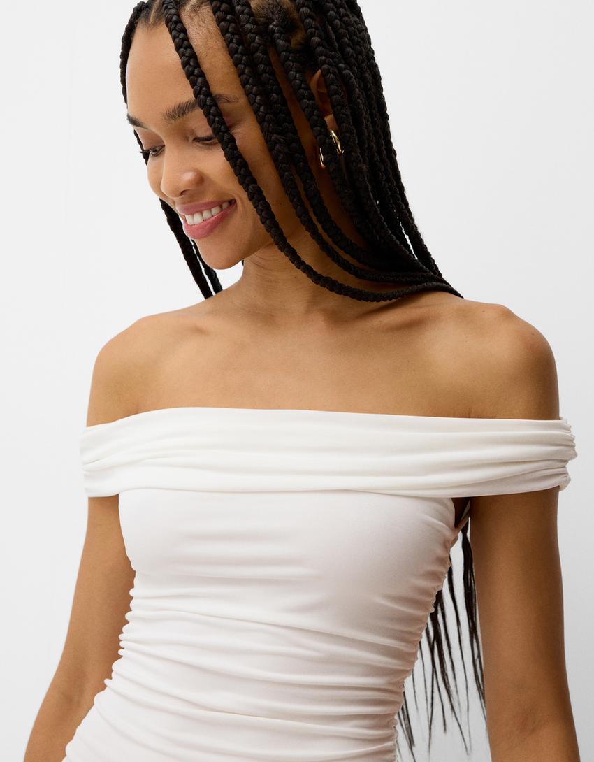 Ruffled Bardot Neckline Mini Dress Women Bershka