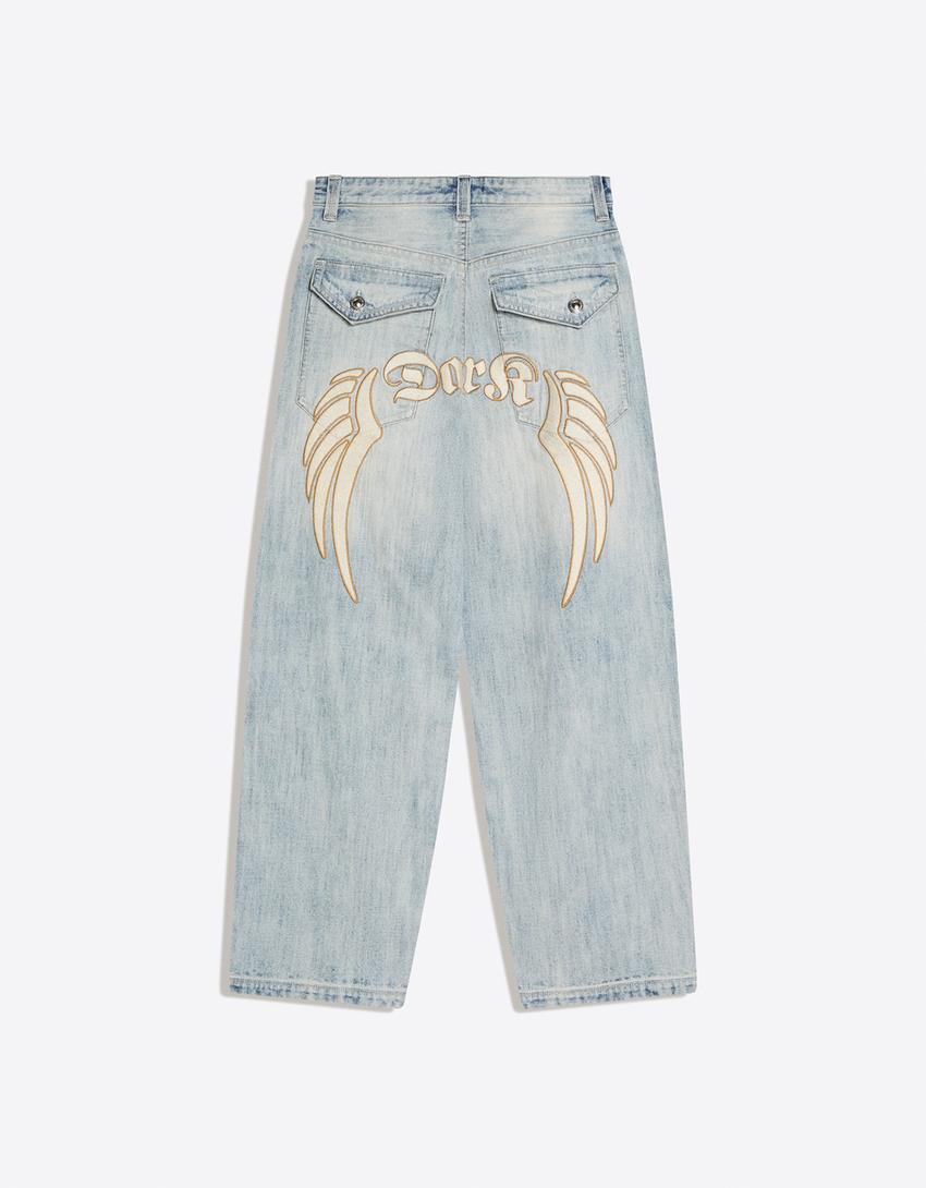 Embroidered super baggy jeans - Men | Bershka