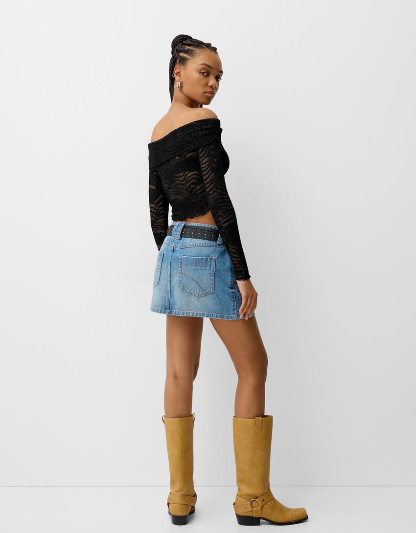 Long sleeve Bardot neckline rustic T-shirt - BSK Teen | Bershka