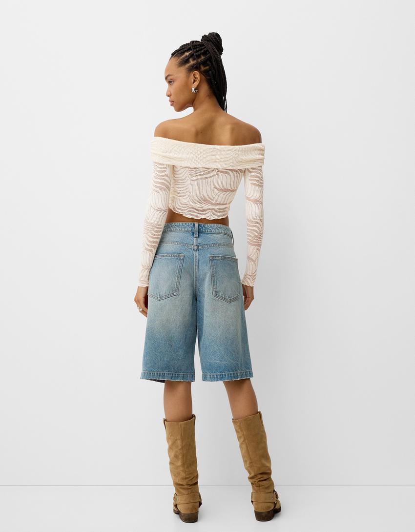 Long Sleeve Bardot Neckline Rustic T Shirt Bsk Teen Bershka