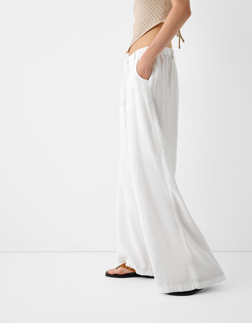 Wide Leg Linen Blend Pants Bsk Teen Bershka