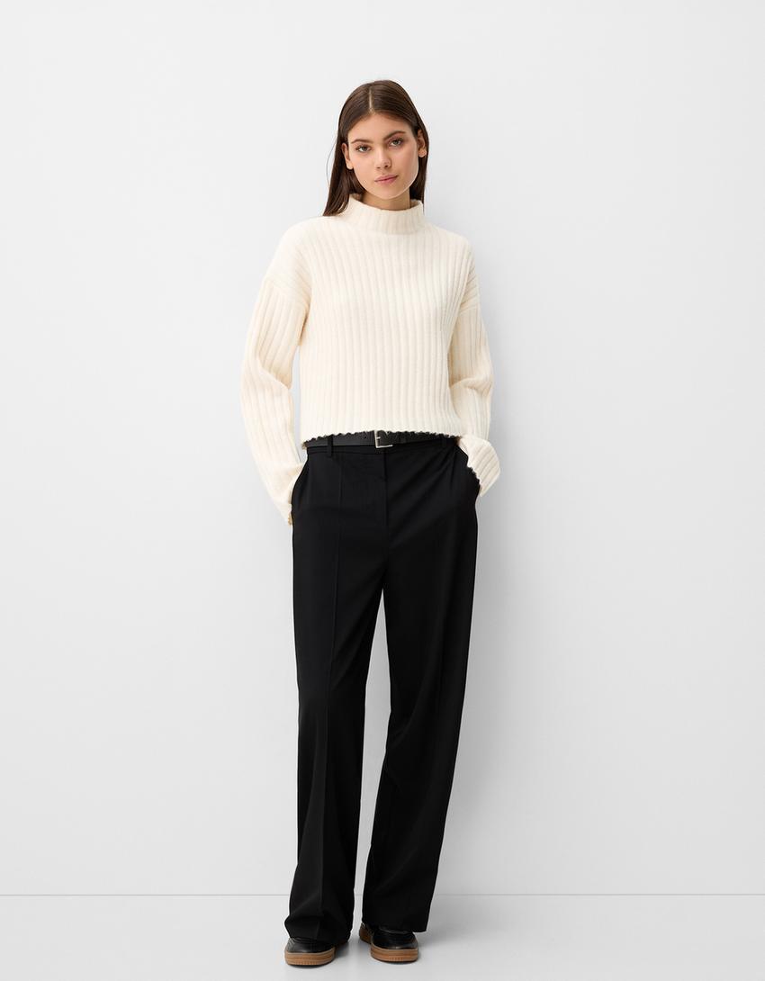 Cropped Pullover Im Oversize Fit Mit Stehkragen Und Rippenmuster