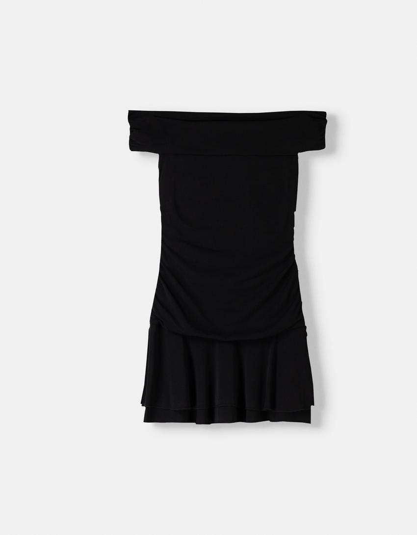 Ruffled Bardot Neckline Mini Dress Bsk Teen Bershka
