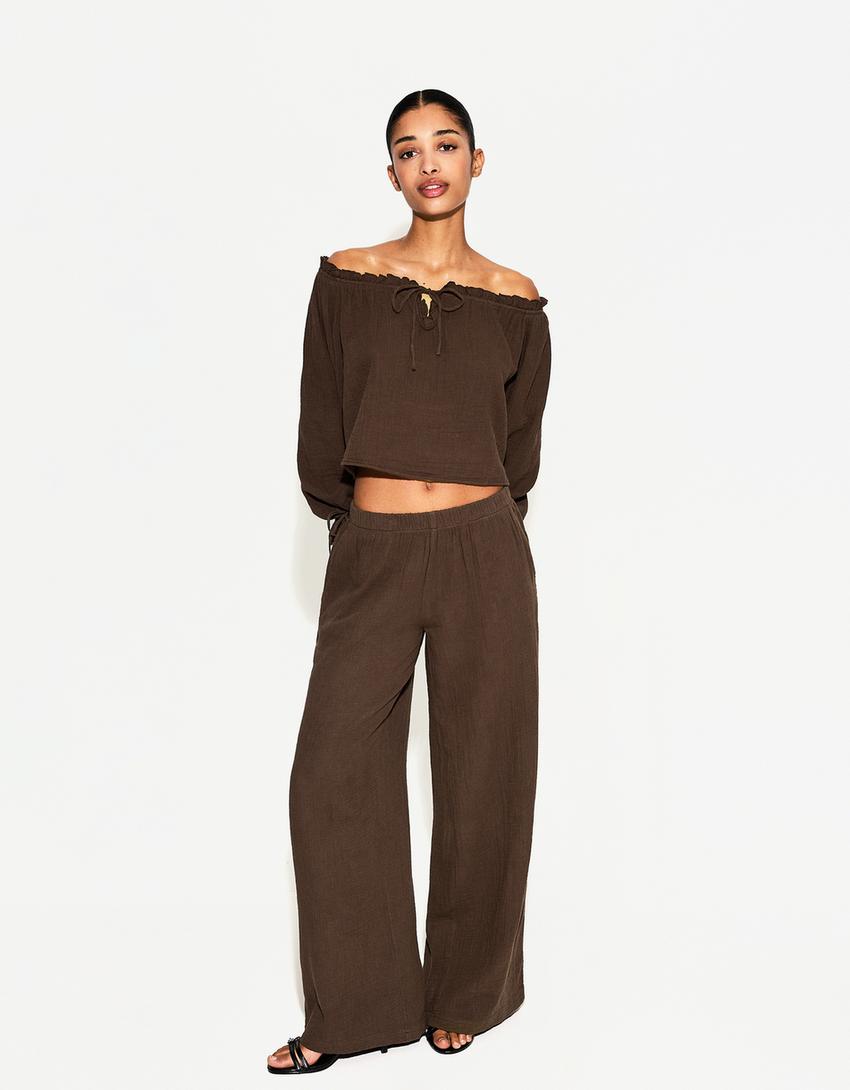 Off The Shoulder Blouse With Tie Detail Bsk Teen Bershka