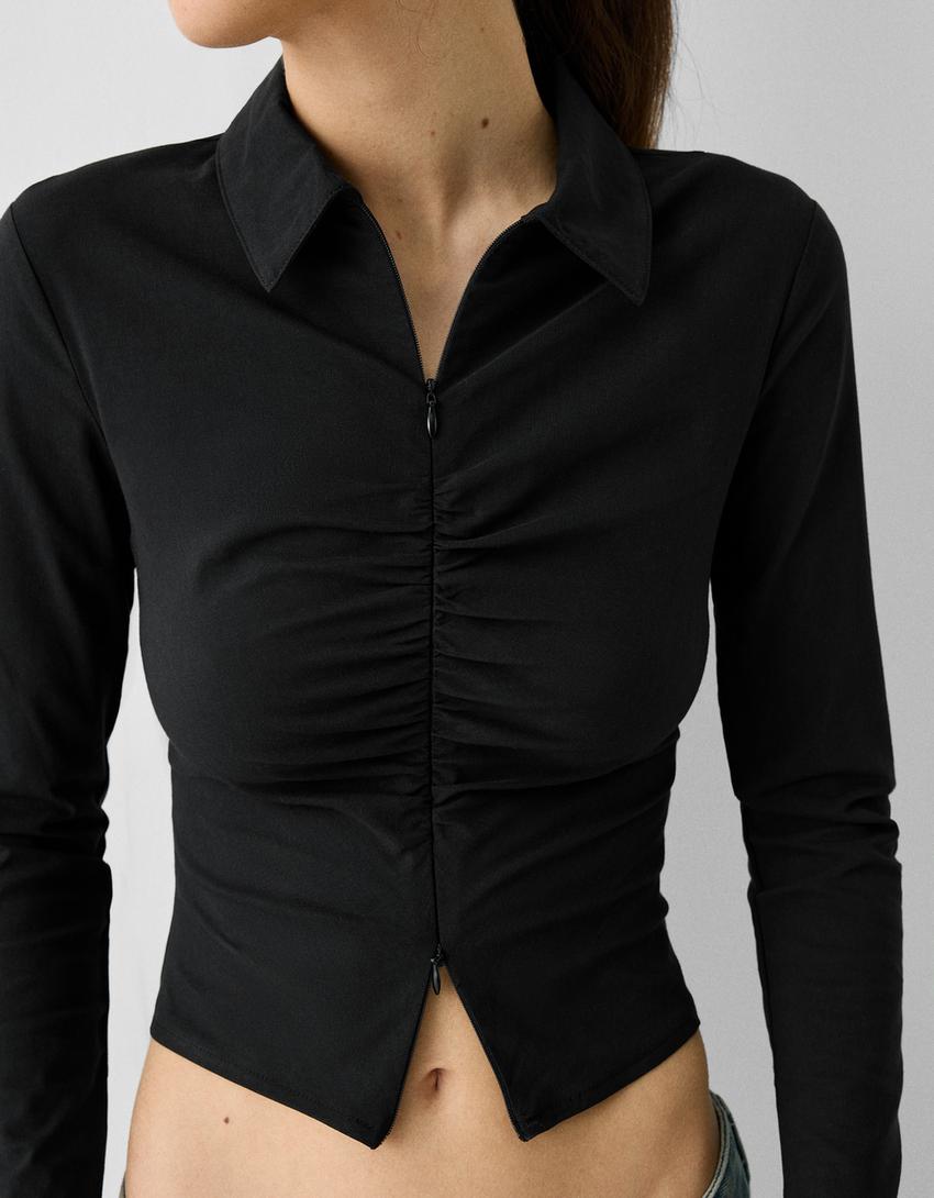 Long sleeve comfort shirt with zip - Women | Bershka