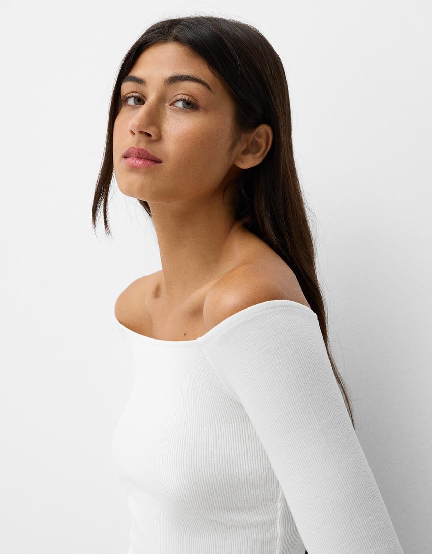 Long Sleeve Bardot Neckline T Shirt Bsk Teen Bershka