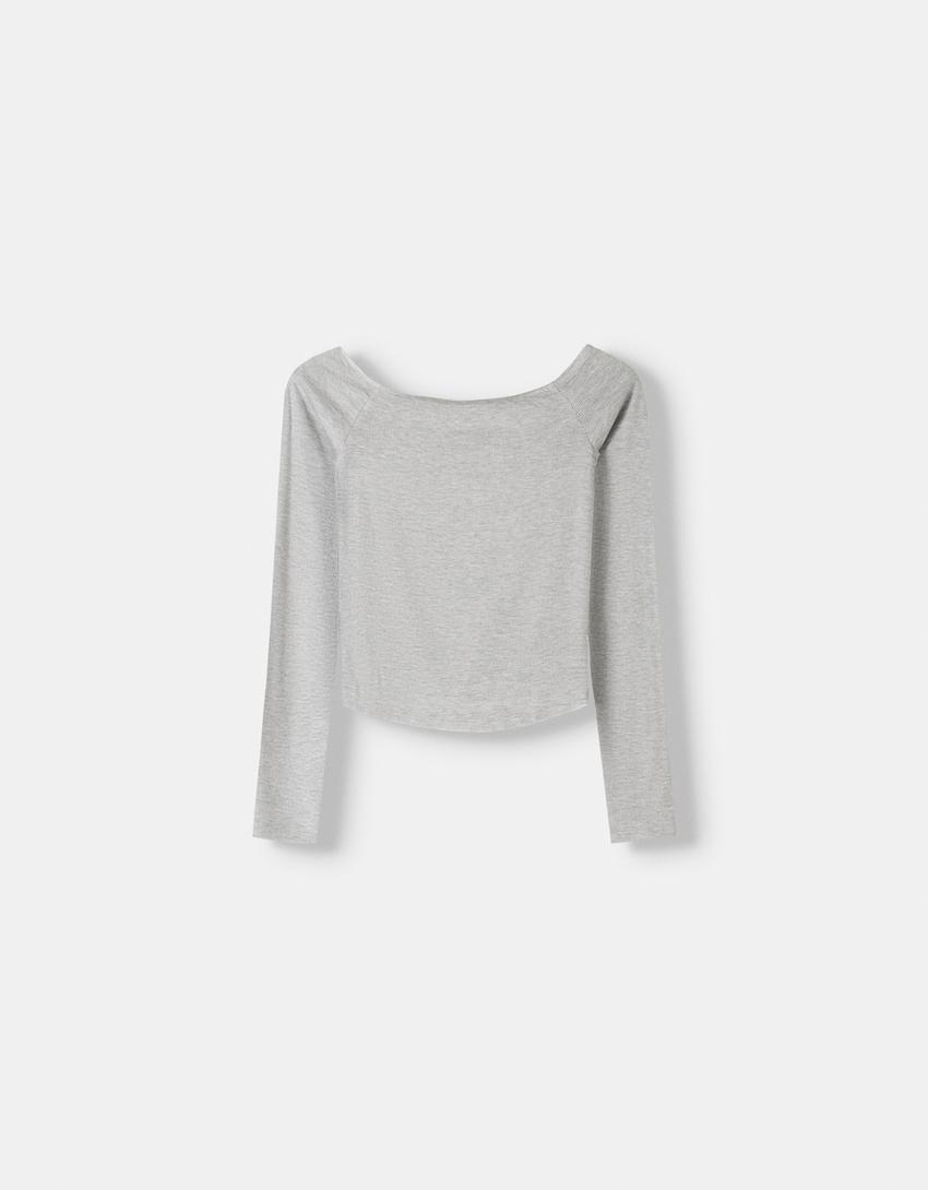 Long Sleeve Bardot Neckline T Shirt Bsk Teen Bershka